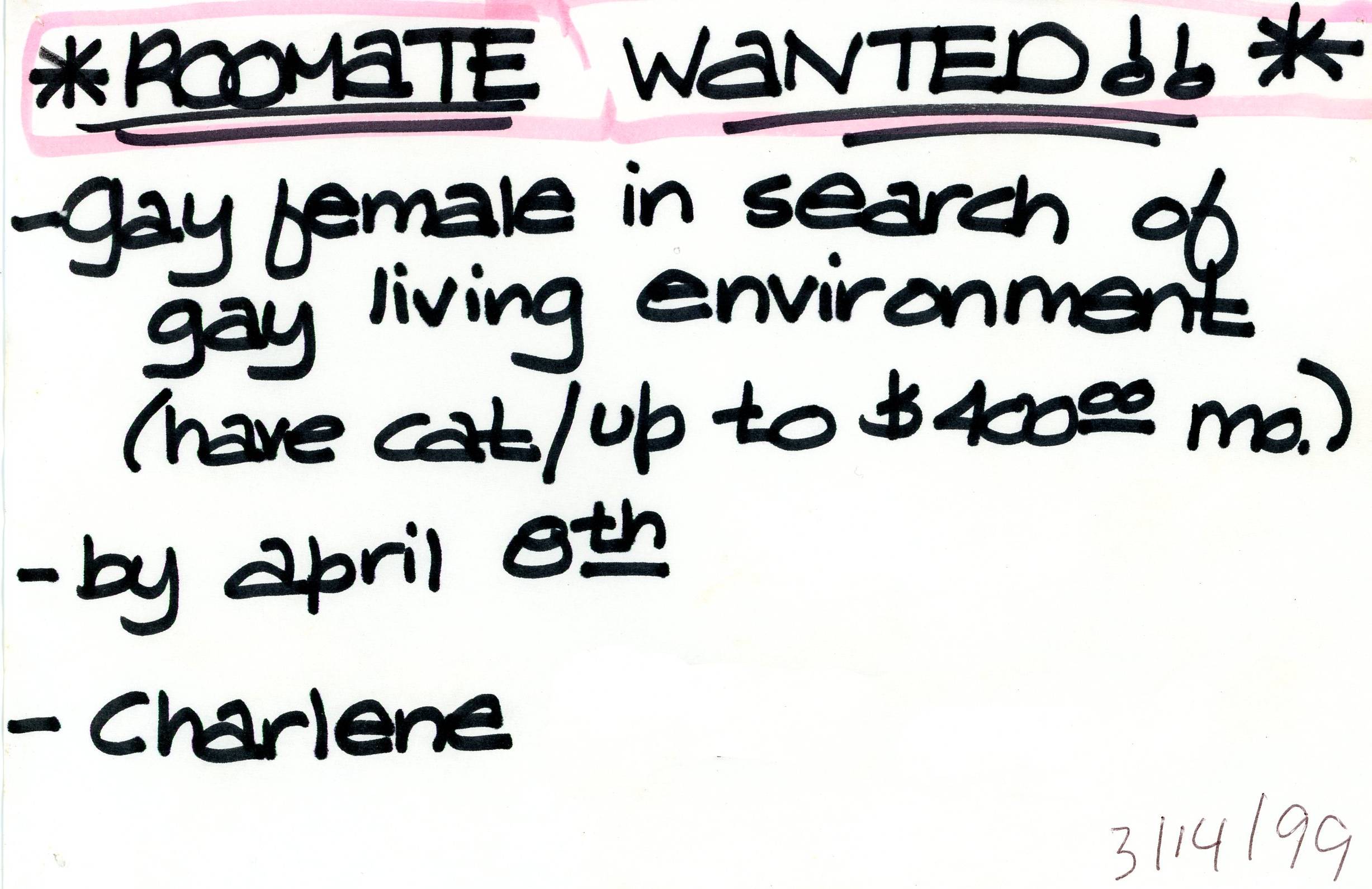 Roommate Wanted bulletin board post